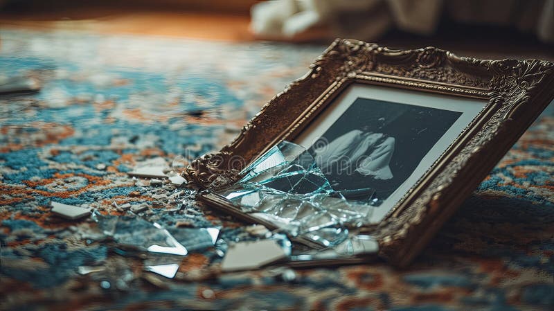 A Shattered Frame Lies on the Floor. Broken Glass Reflects Memories ...