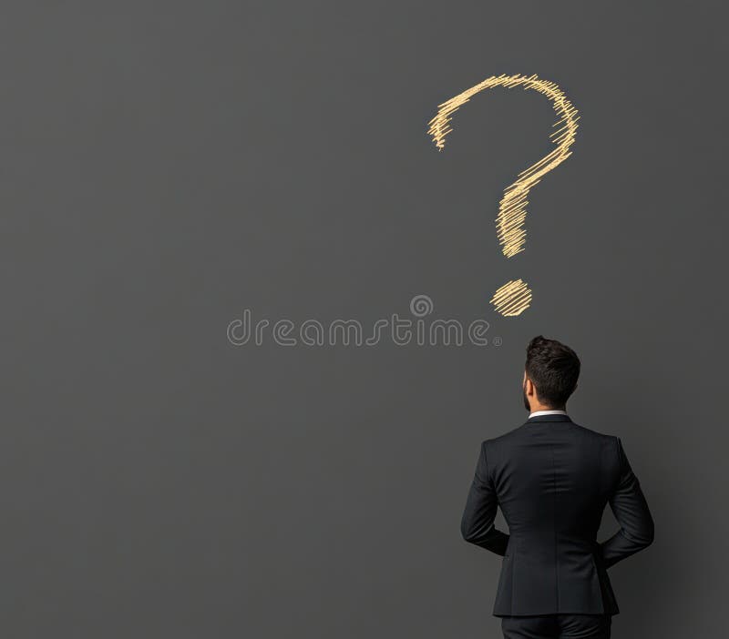 Businessman Thinking with Question Marks on a Grey Background Stock ...