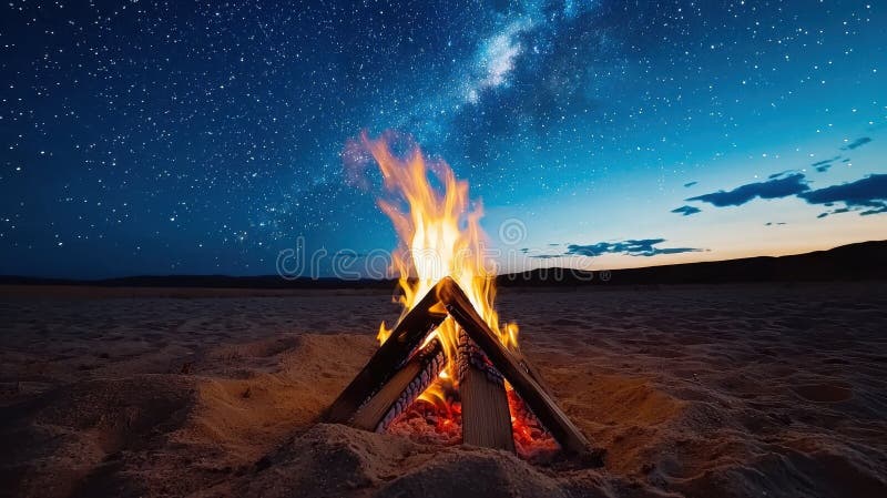 A Campfire Burns Brightly on a Sandy Beach at Night, with the Milky Way ...