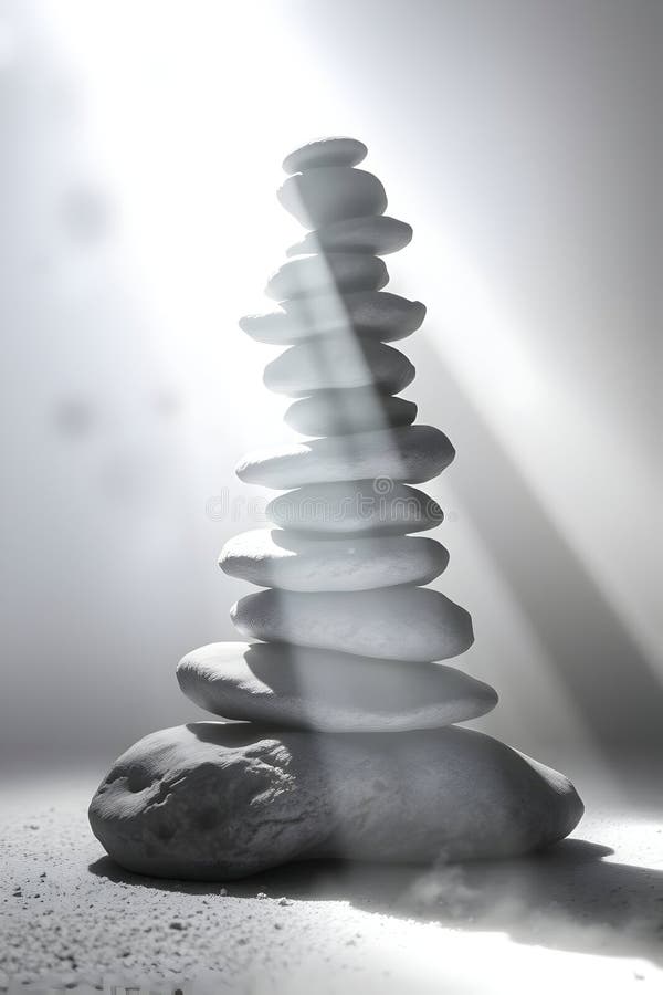 Balanced Stone Stack on Beach with Sunlight Rays - Serene Minimalist ...