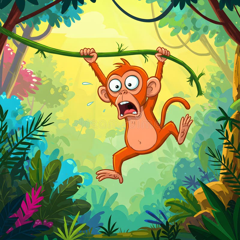 Scared Monkey Hanging from Vine in Jungle - Generated Using Ai Stock Illustration - Illustration ...