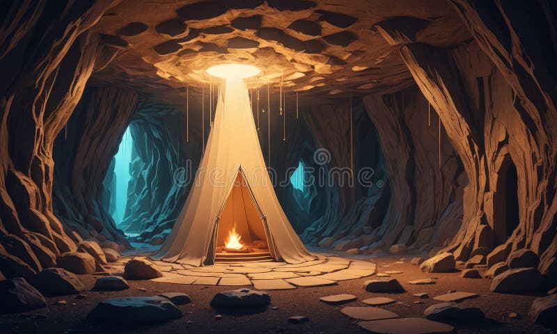 Digital Cave Interior with Central Light Source, Small Fire, and ...