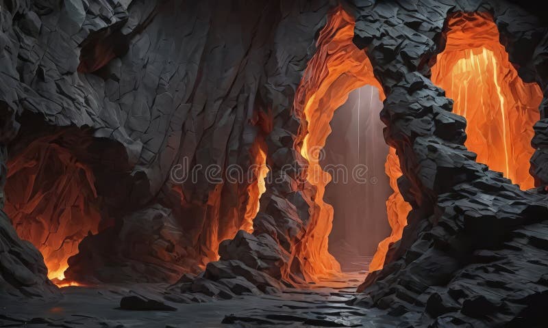 Cave with Narrow Passage, Lit by Orange and Yellow Light, Creates ...