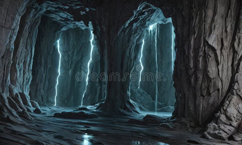 Dimly Lit Cave with Towering Rock Formations and Waterfall, Creating ...