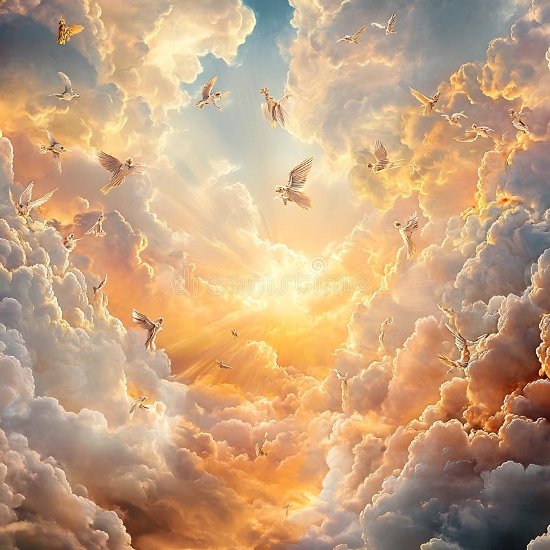 Golden Angels Flying through Clouds with Sun Rays Stock Illustration - Illustration of freedom ...
