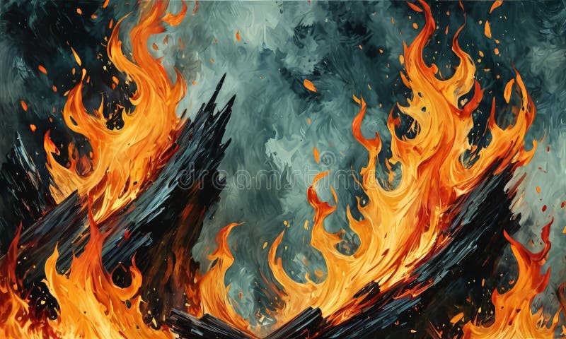Chaotic Scene Intense Flames and Smoke, with Dark Blue Background and ...