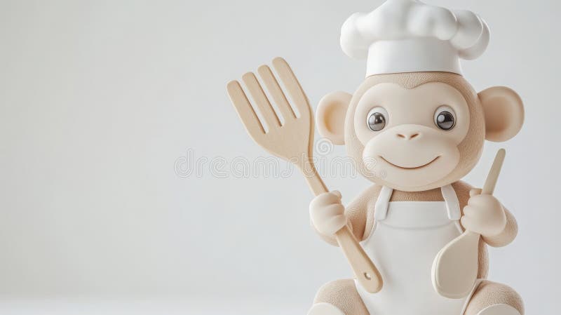 The Image Depicts a Charming Cartoon Monkey Chef Clutching a Spatula ...