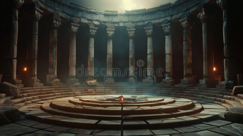 An Ancient Stone Structure with Columns Stands Tall in the Dim Light ...