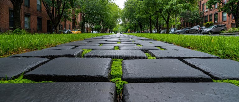 A Black Brick Walkway with Moss Growing between the Bricks. Stock ...
