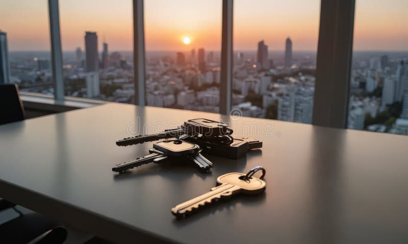 Two Keys Rest on Desk, with Cityscape Visible through Window, As the ...