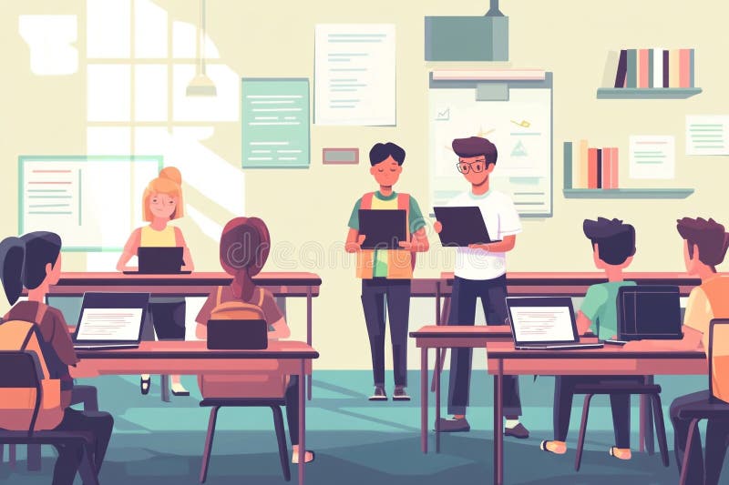 Students Presenting Project Classmates Working Diligently Classroom ...