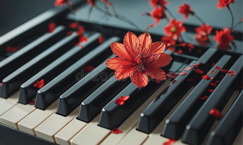 Red Flower Rests on Black Piano Keyboard, Surrounded by Scattered ...