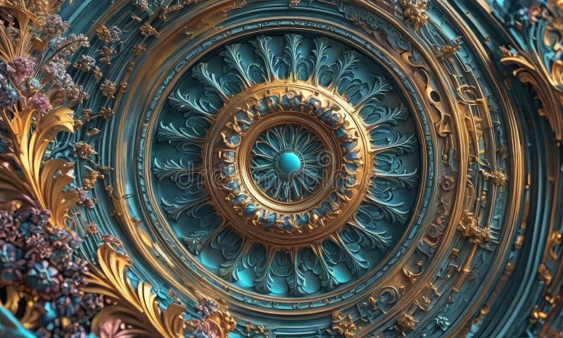 Close-up View Ornate, Circular Architectural Feature with Blue and Gold ...