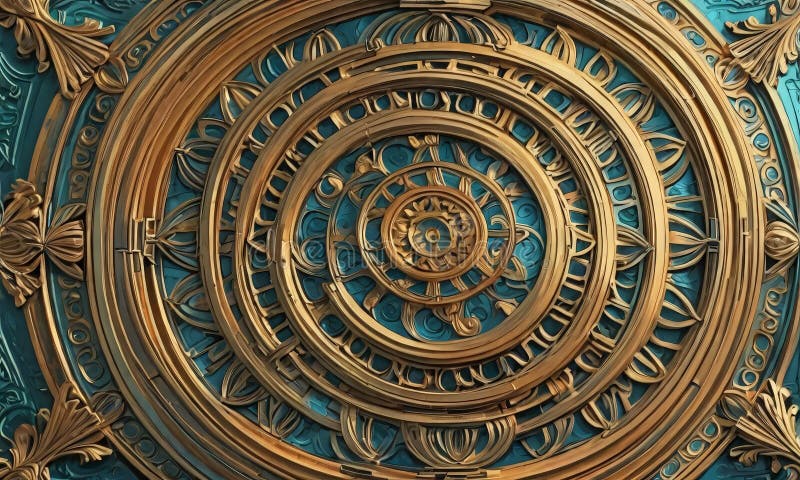 Close-up View Golden, Circular Pattern with Intricate Designs and Blue ...