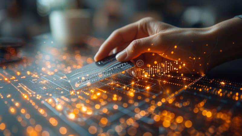 Close-up of a Hand Holding a Credit Card Over a Digital Interface ...