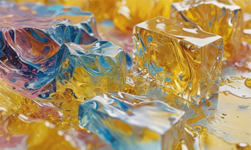 Close-up View Colorful, Abstract Ice Cubes with Mix Blue, Yellow, and ...
