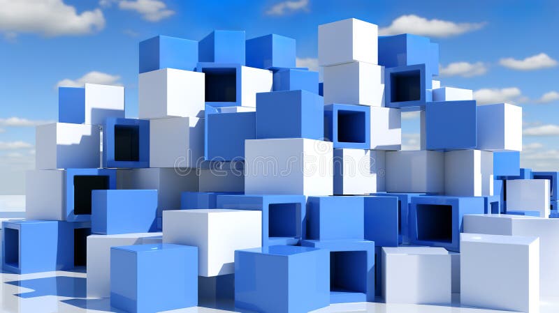 The Image Depicts a Cluster of Three-dimensional Blue and White Cubes ...