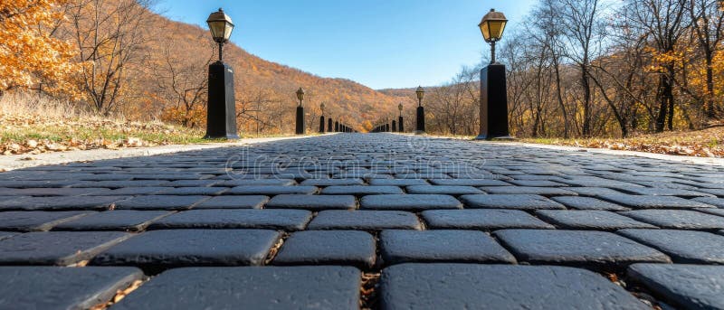 A Cobblestone Path with Black Lampposts and Autumn Trees. Stock ...