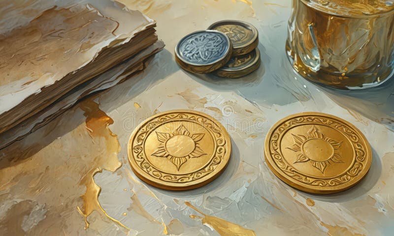 Two Gold Coins with Star-shaped Designs Rest on Textured Surface ...