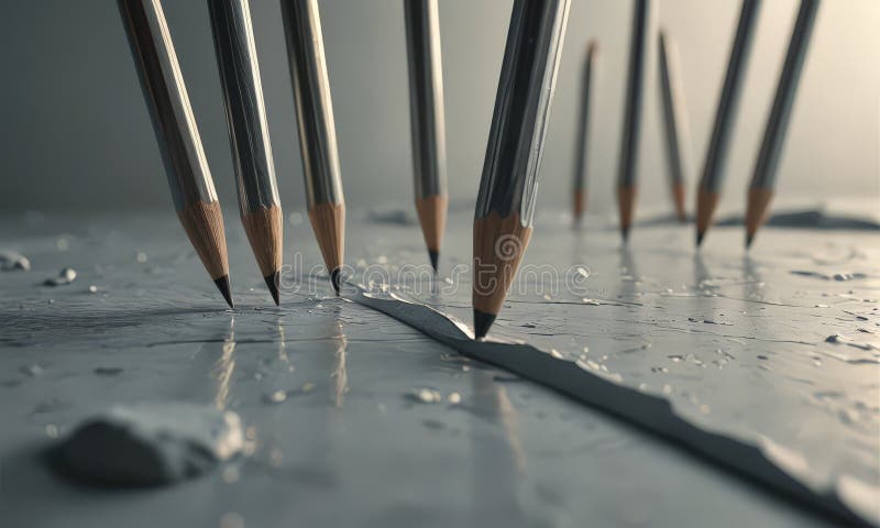 Collection Pencils with Sharpened Tips Arranged in Row, with Single ...