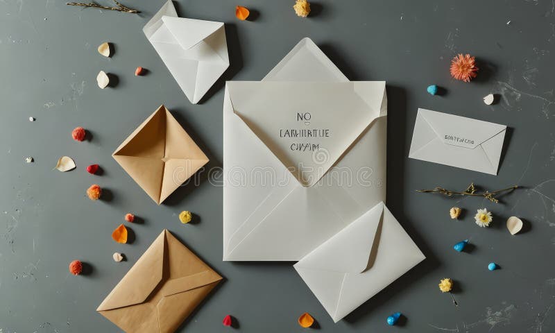 Collection Paper Envelopes, Cards, and Small Objects Arranged on Gray ...