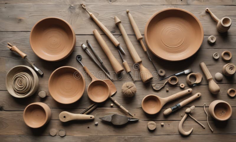 Collection Pottery Tools and Vessels, Including Bowls, Cups, and Spoons ...