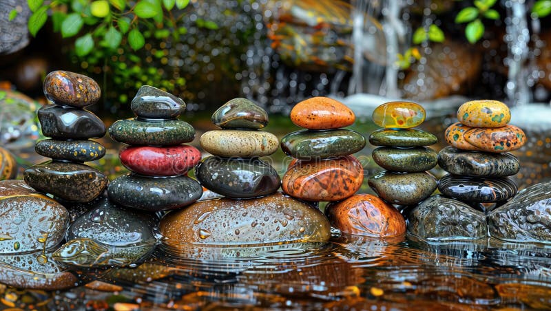 Colorful Rock Stack by Waterfall with Lush Greenery and Cascading Water ...