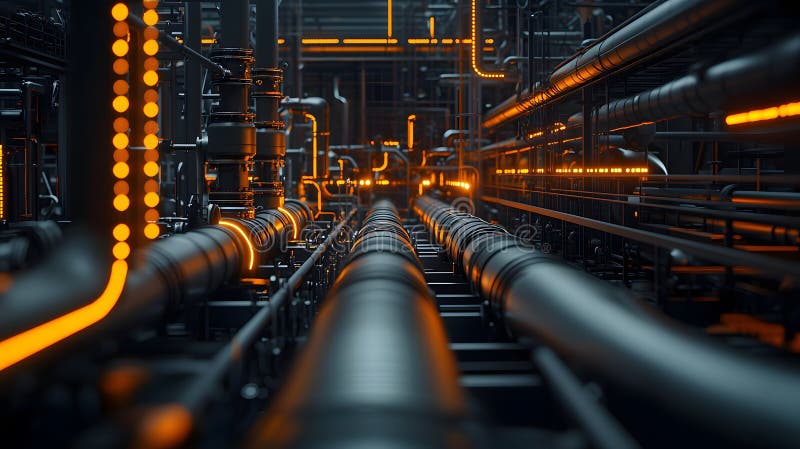 Intricate Industrial Pipelines Illuminated by an Orange Glow in a High ...