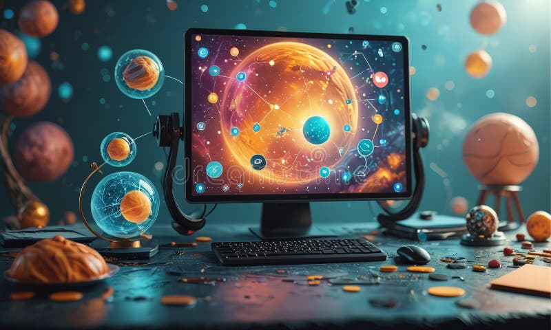 Computer Monitor Displays Vibrant, Abstract Space Scene with Planets ...