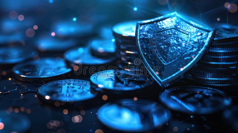 Financial Security with Blue Guard Shield and Coins on Low-Poly ...