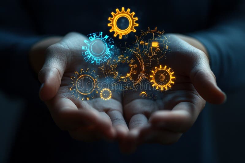 Glowing Gears in Open Hands Innovation Technology Future Stock ...