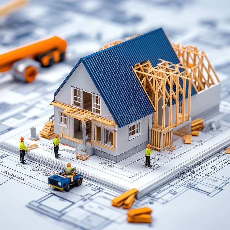 Construction Worker Building a House Using Blueprints in a Raw and ...