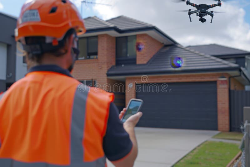 Construction Worker Controls a Drone in Front of a Modern House. the ...