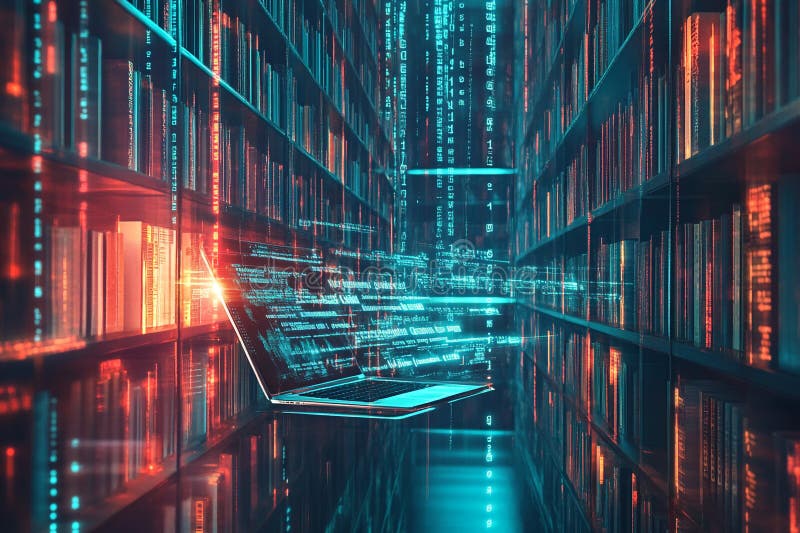 Digital Library Glowing Laptop Code Books Knowledge Future Stock ...