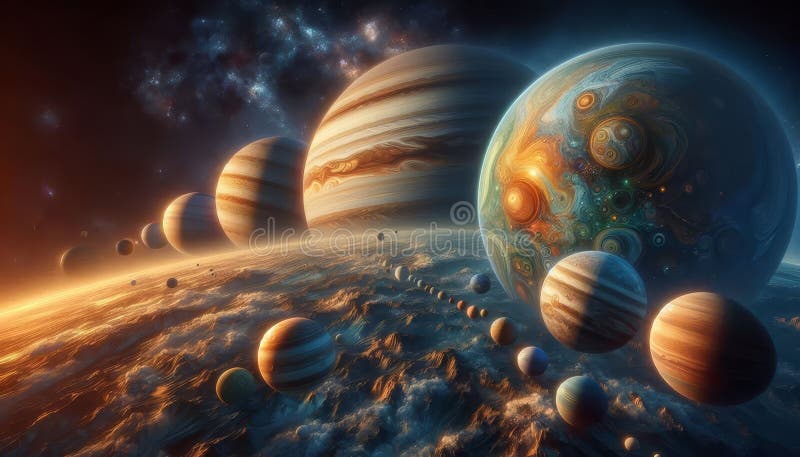 The Image Depicts a Cosmic Scene with Multiple Large Planets, Including ...