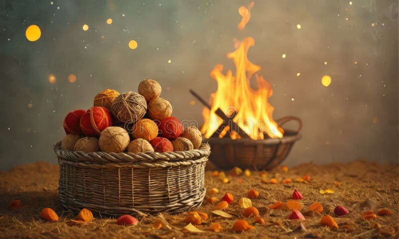 Wicker Basket Filled with Apples and Oranges Sits beside Fire Pit, with ...