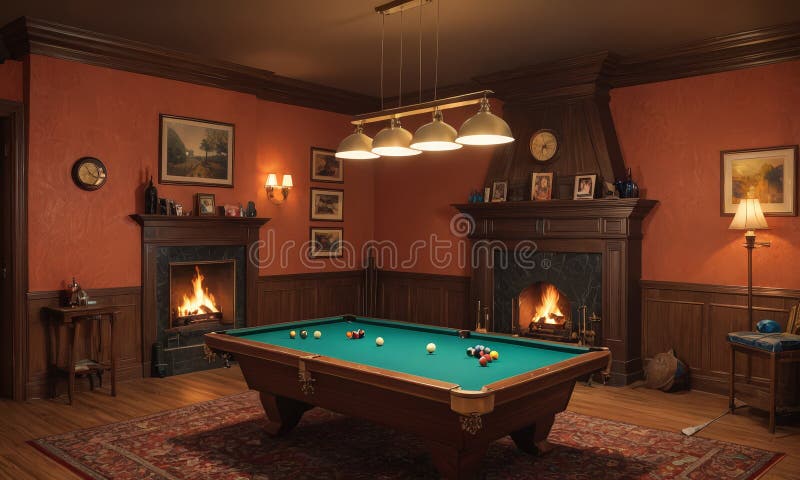 Cozy Billiards Room with Green Pool Table, Wooden Furniture, and ...