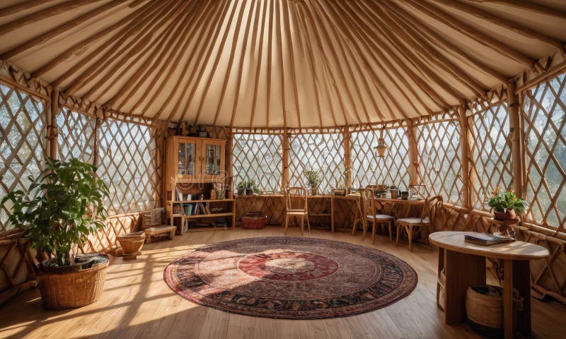 Cozy Yurt Interior Features Wooden Ceiling, Circular Rug, and Bookshelf ...