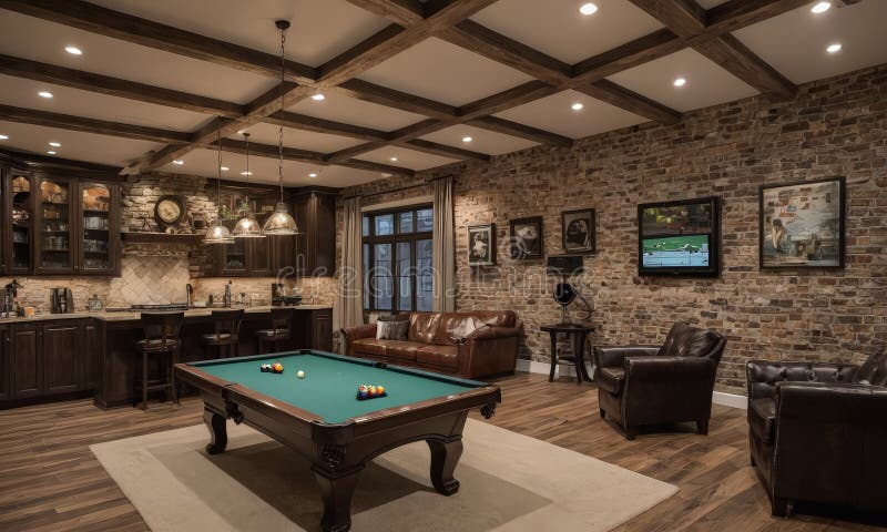 Cozy Living Room with Pool Table, Wooden Ceiling, and Brick Walls ...