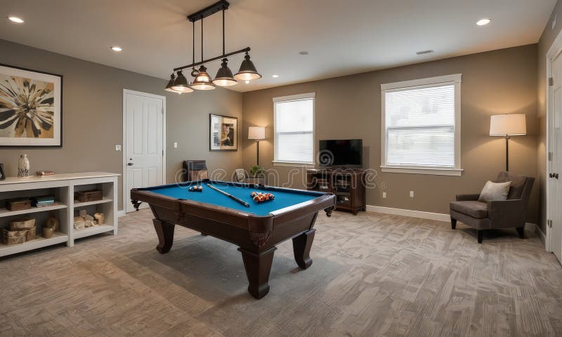 Modern Living Room Features Pool Table with Blue Felt, Television, and ...