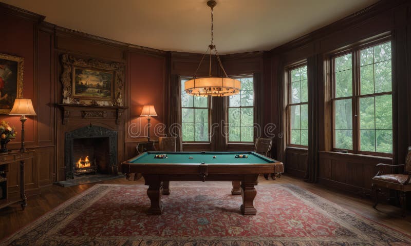 Billiards Room with Pool Table, Wooden Furniture, and Fireplace ...
