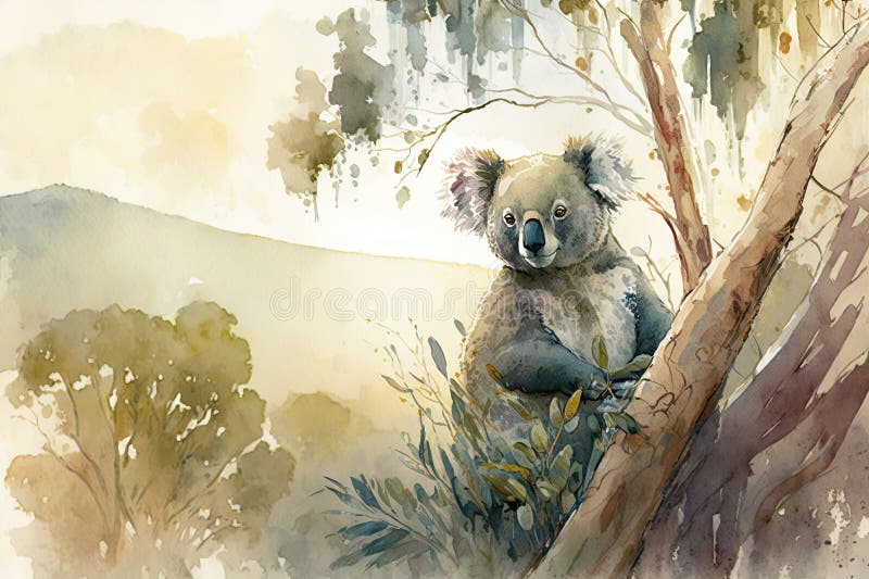 A Curious Koala Perched in a Eucalyptus Tree in a Serene Watercolor ...