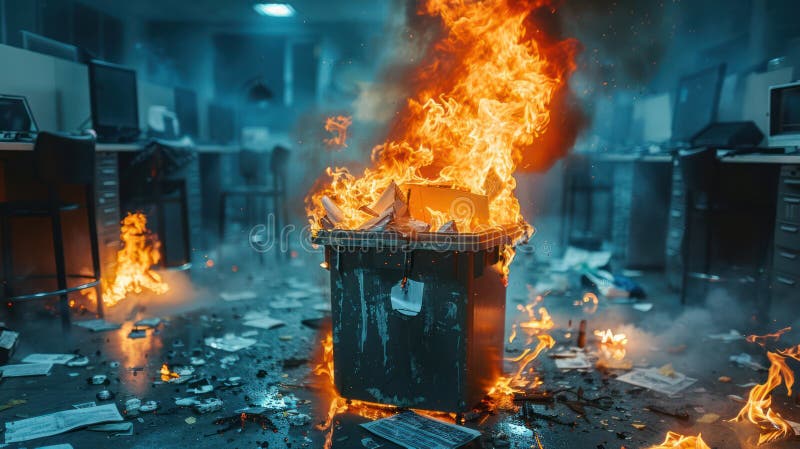 Office Fire Hazard: Burning Waste Bin Igniting Flames in Corner Stock ...