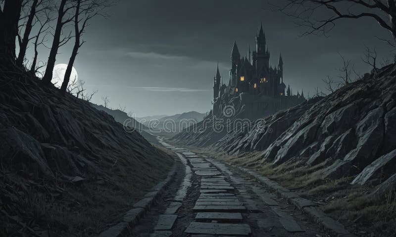 Dark, Winding Path Leads To Majestic Castle with Glowing Windows and ...