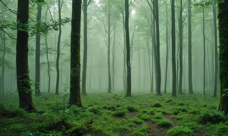 Dense Forest with Tall Trees and Thick Layer Fog, Creating Serene and ...