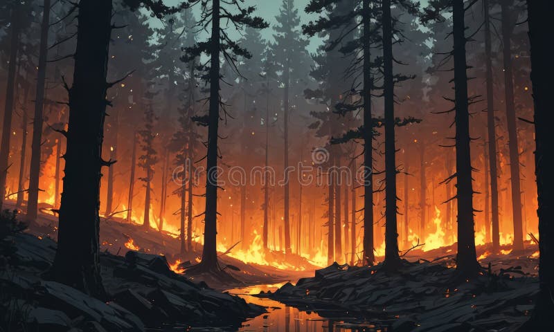 Digital Painting Forest Fire, with Flames Consuming the Trees and ...