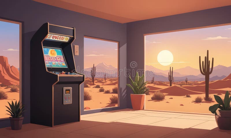 Desert-themed Room with Black Arcade Cabinet, Potted Plants, and Large ...