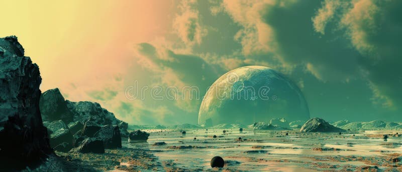Distant Planet with a Large Celestial Body in the Sky Stock Photo ...