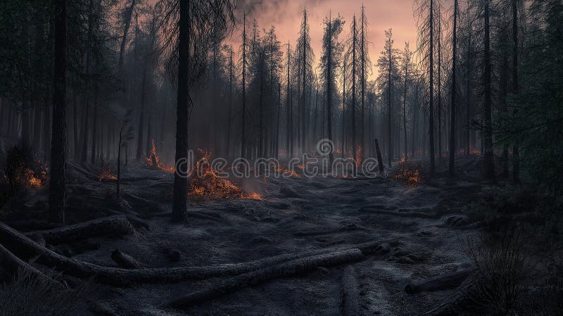 Desolate Forestscape with Smoldering Charred Remains Stock Image ...