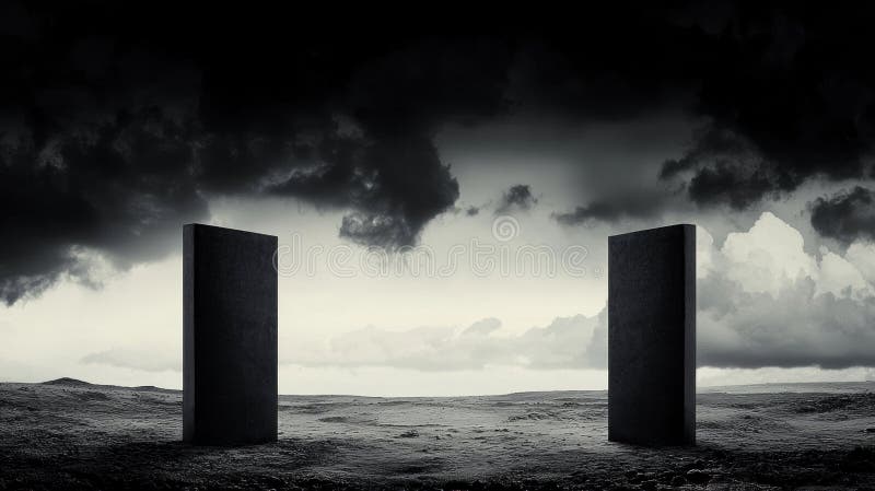 A Desolate Landscape with Two Dark, Rectangular Structures in the ...